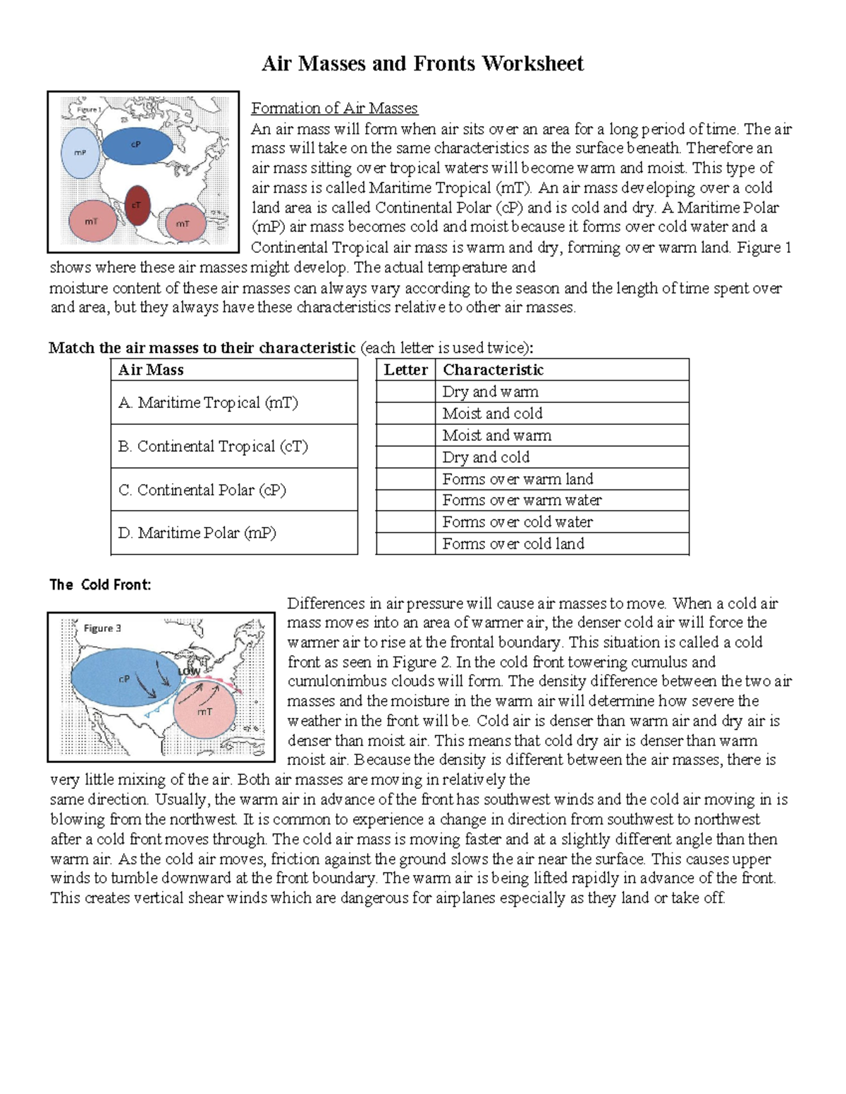 Airmassesfrontsworksheet Reduced - Air Masses and Fronts Worksheet ...