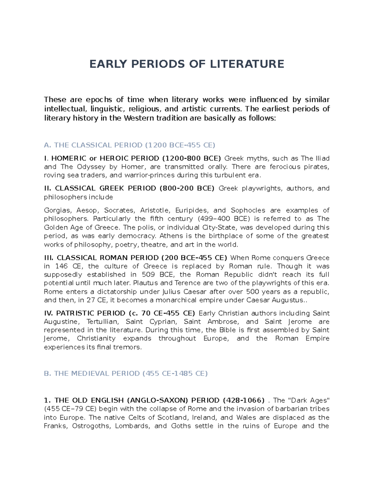 Early Periods of Literature: Epochs and Influences (Literature 101 ...