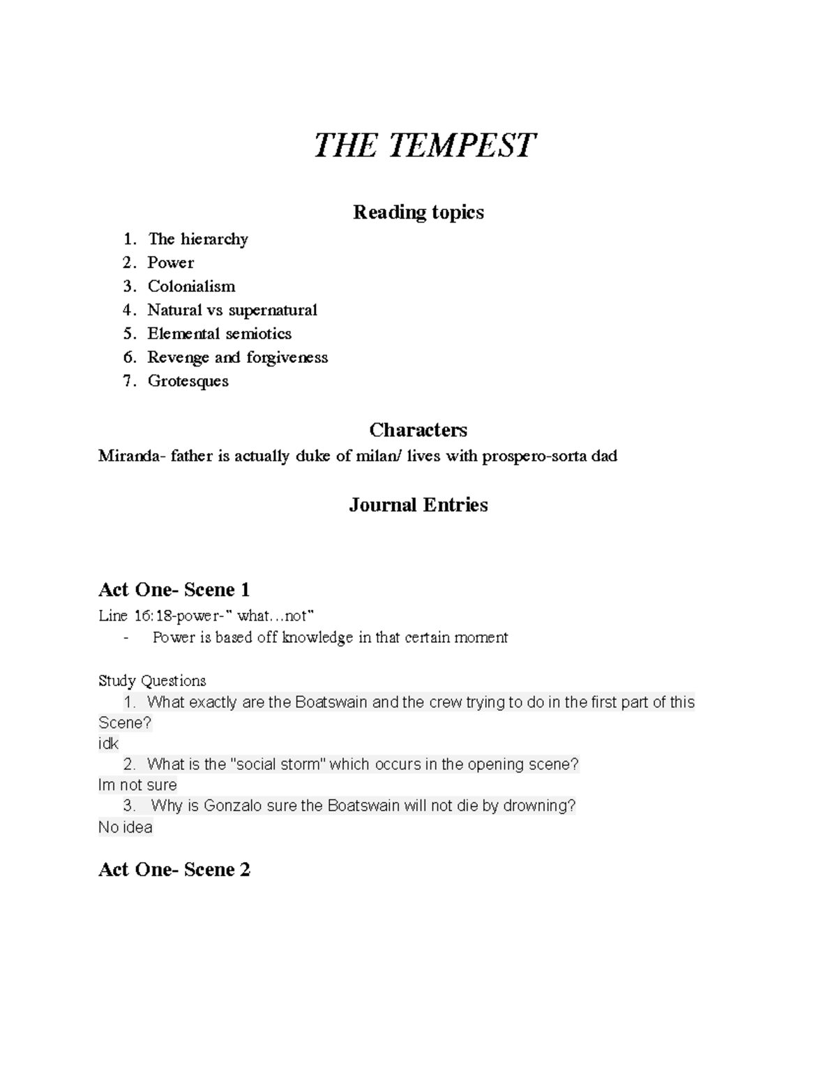 The Tempest (ENG 201) Comprehensive Reading Journal and Study Guide ...