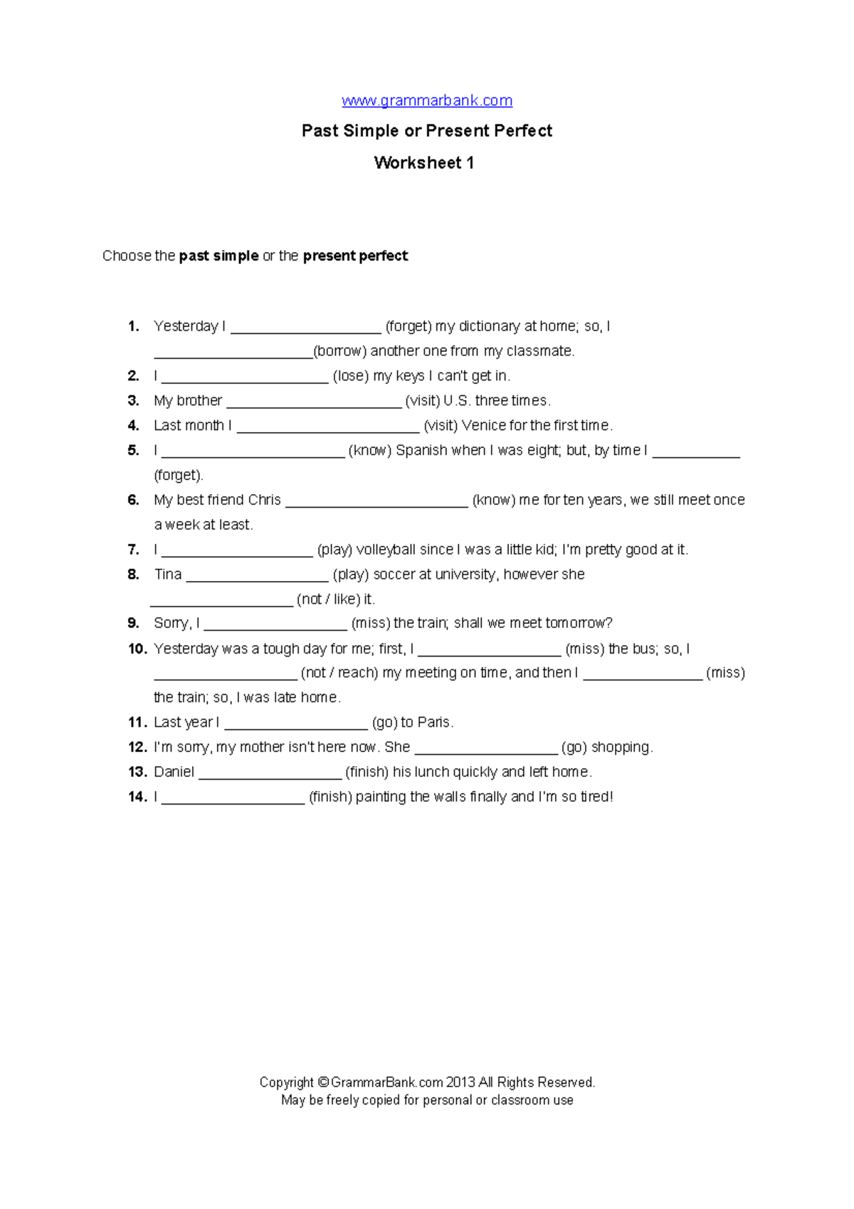 Past Simple vs Present Perfect Worksheet 1 (Grammarbank) - Studocu