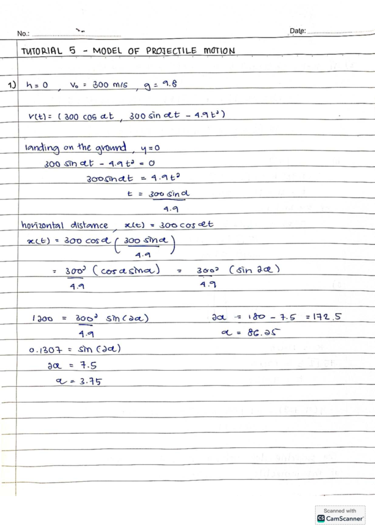 MAT560 Tutorial 5: Projectile Motion Analysis and Calculations - Studocu