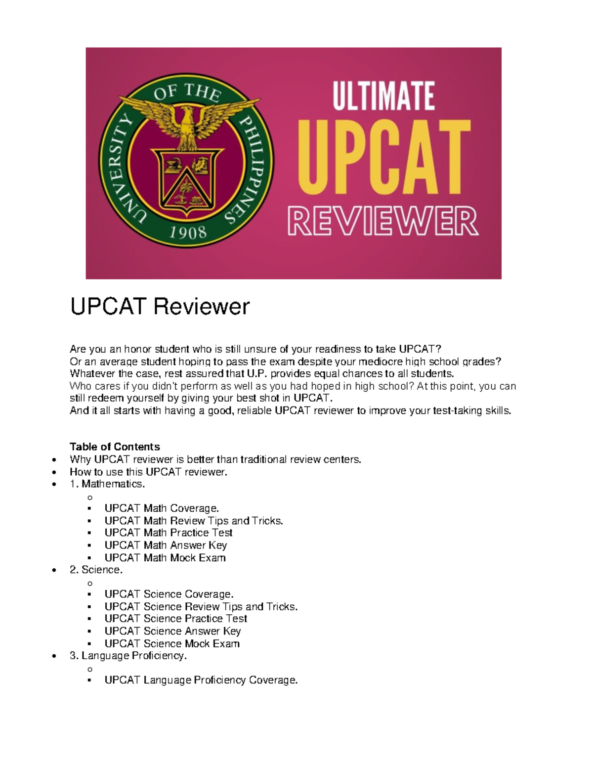 UPCAT Reviewer: Comprehensive Guide for Success in the Exam - Studocu