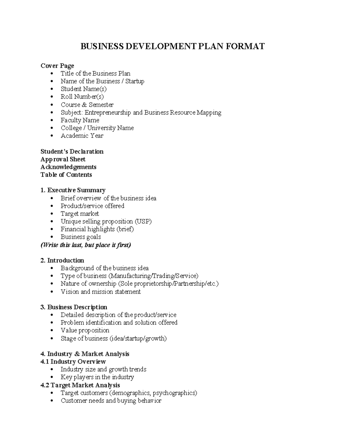 BDP Guidelines: Business Development Plan Format for Entrepreneurship ...