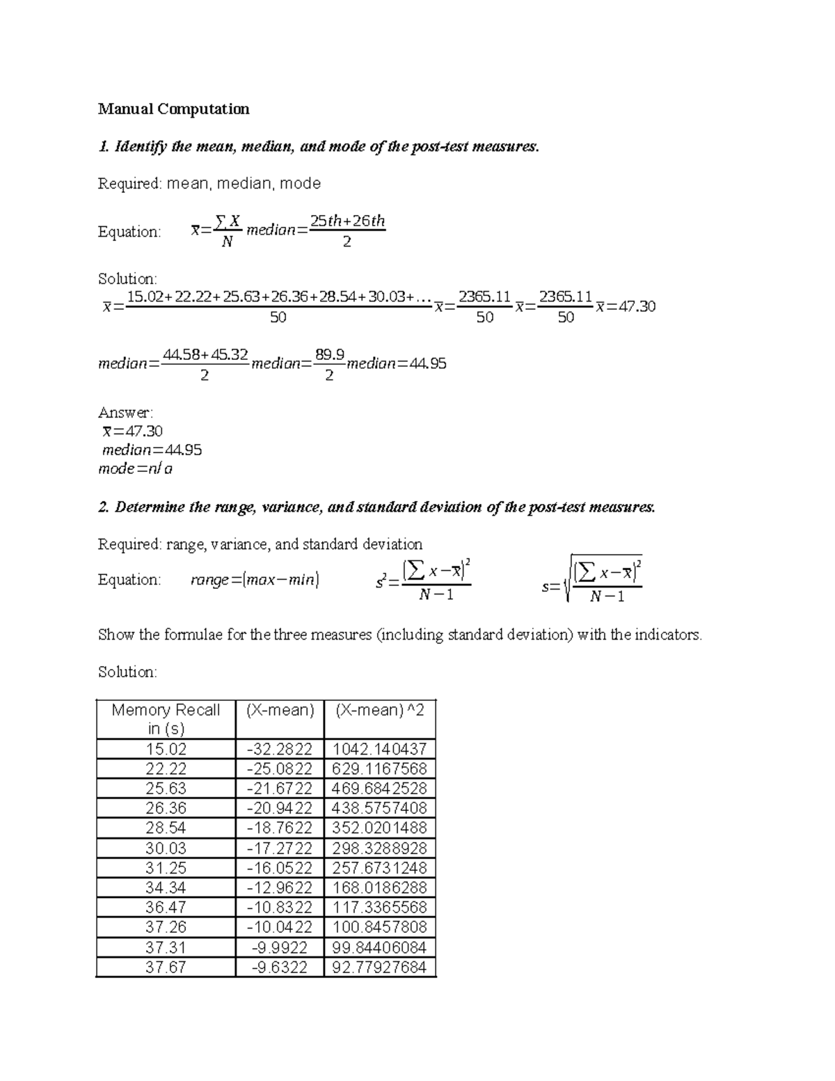 Manual Computation - Manual Computation Identify the mean, median, and ...