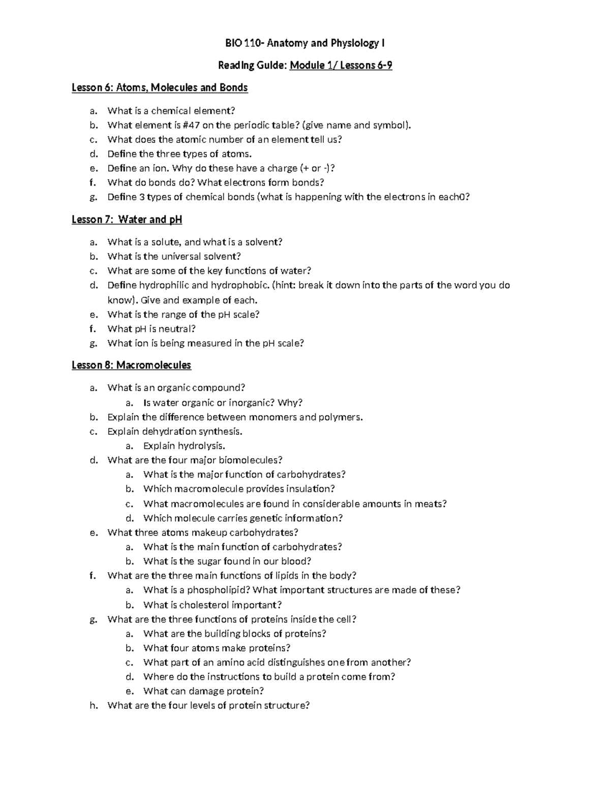 BIO 101 Anatomy & Physiology I: Week 3 Reading Guide on Atoms ...