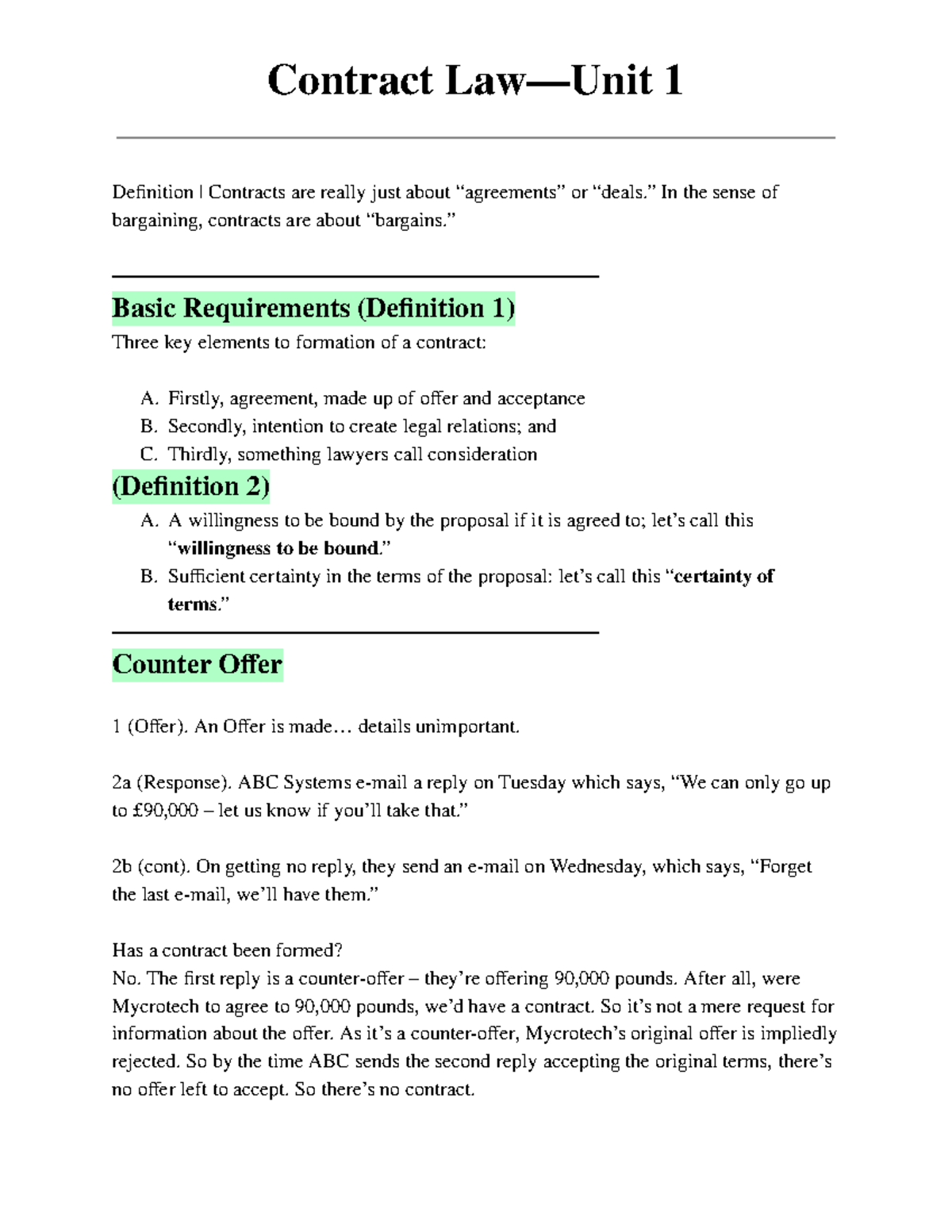 Contract Law Unit 1: Key Concepts and Definitions - Studocu