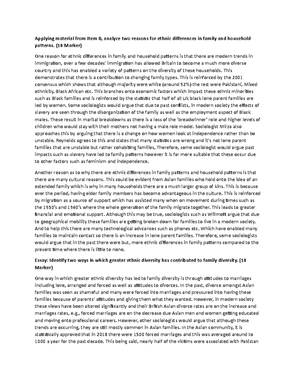 Family 2: Analyzing Ethnic Differences in Family Patterns (10 Marker ...