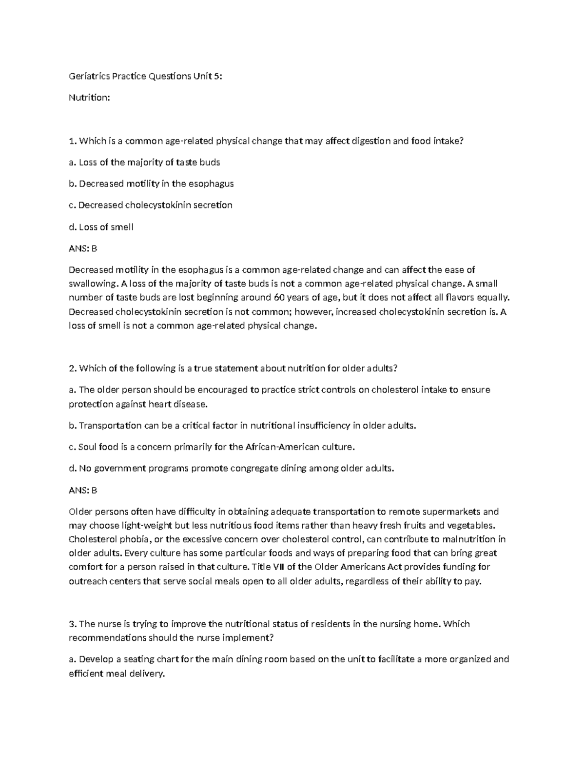 Geriatrics Unit 5 Nutrition Practice Questions & Answers - Studocu