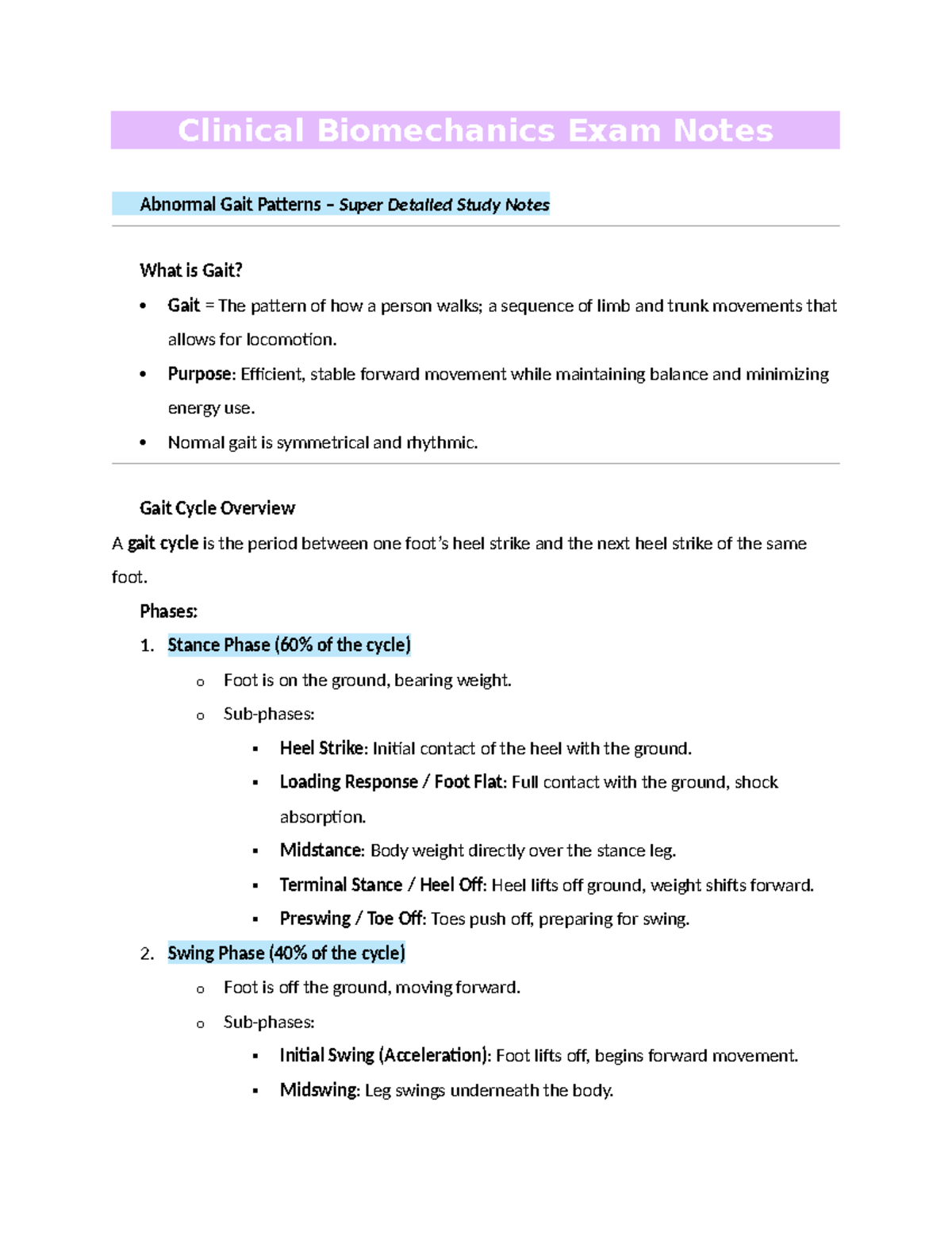 Clinical Biomechanics Exam Notes: Abnormal Gait Patterns Study Guide ...