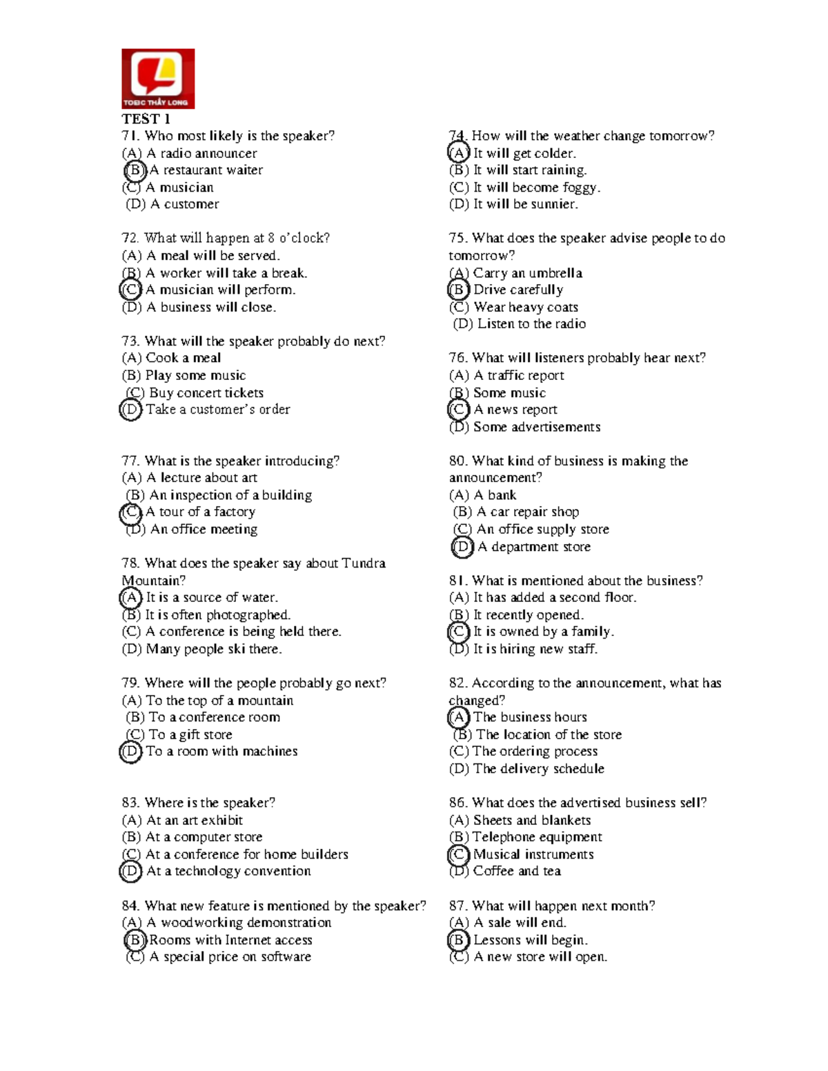 TEST 1 Listening Comprehension Questions and Answers - Studocu