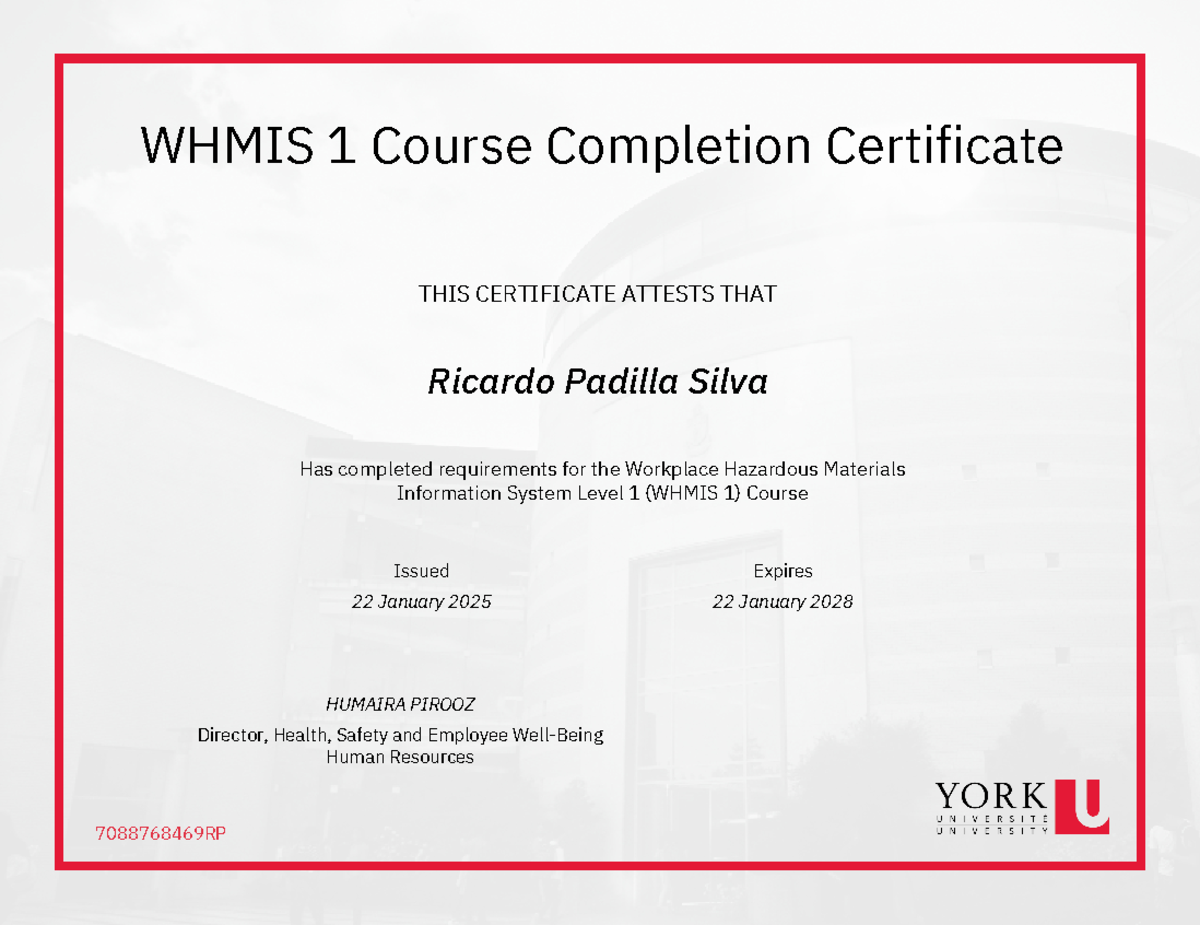 Whmis - ................ - PHYS 1800 - WHMIS 1 Course Completion ...