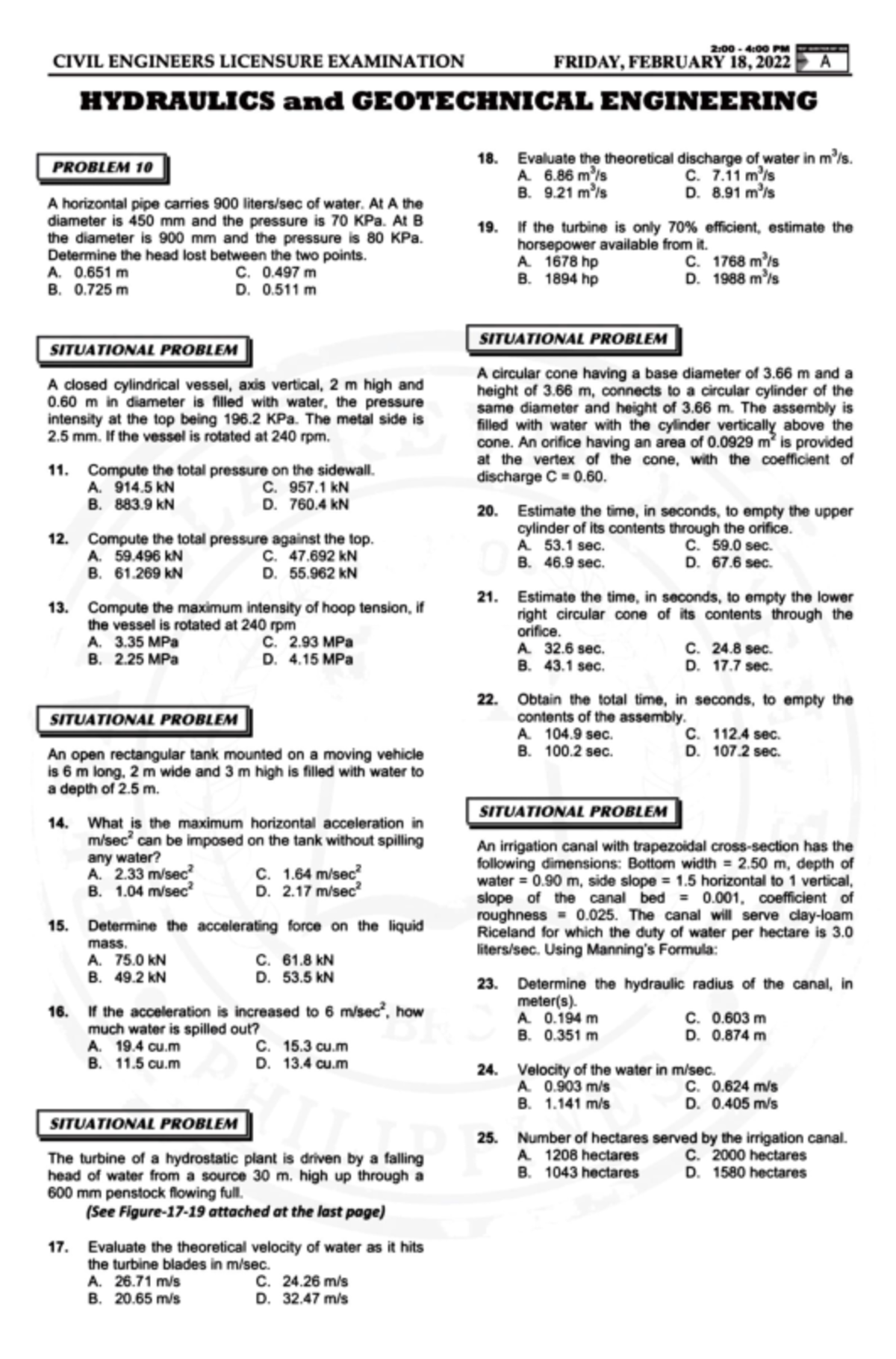 Pdfcoffee - hgeeee - CIVIL ENGINEERS LICENSURE EXAMINATION 2:00 - 4:00 ...