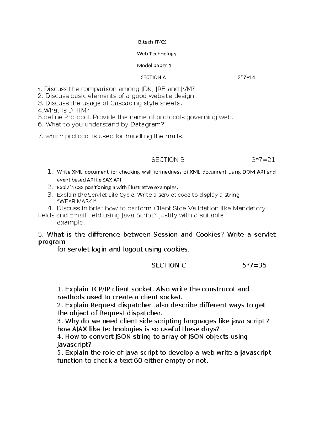B.Tech Web Technology Model Paper 1 - Comprehensive Notes - Studocu