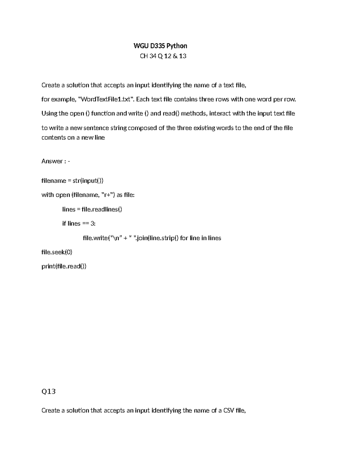 WGU D335 Python - CH 34 Q12 & 13 CSV File Handling Solutions - Studocu