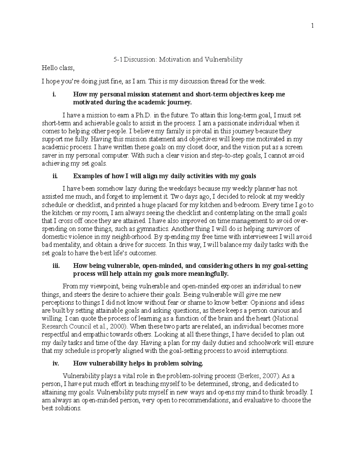 5-1 Discussion: Exploring Motivation and Vulnerability in Goals - Studocu