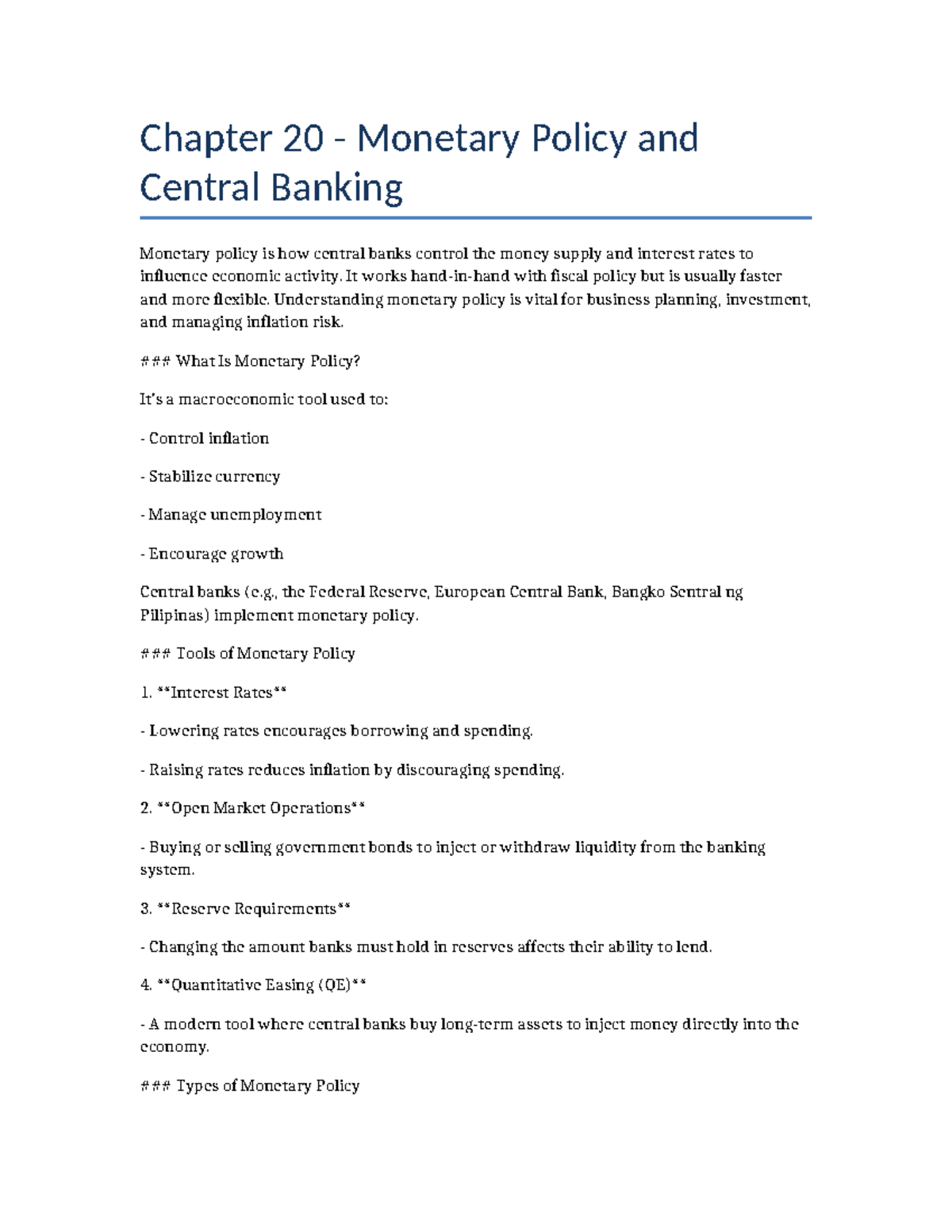 Chapter 20 - Understanding Monetary Policy & Central Banking - Studocu
