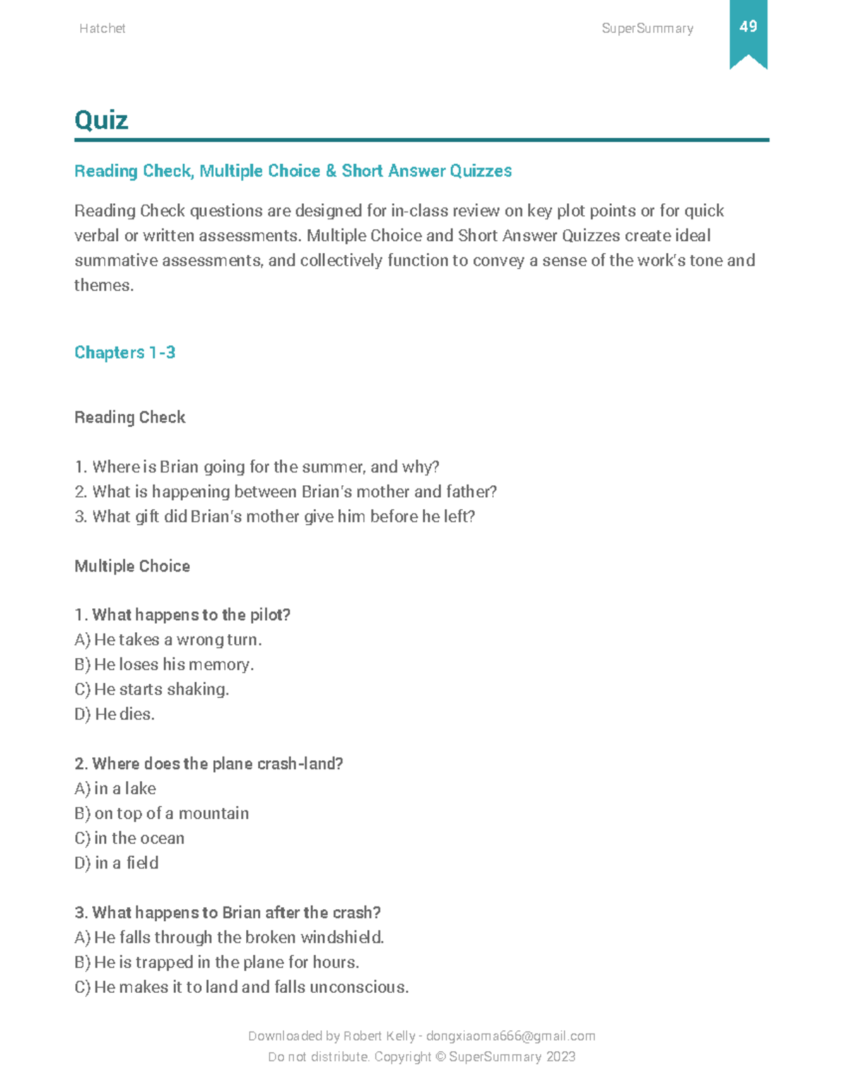 Hatchet - Super Summary Study Guide 50 - Quiz Reading Check, Multiple ...