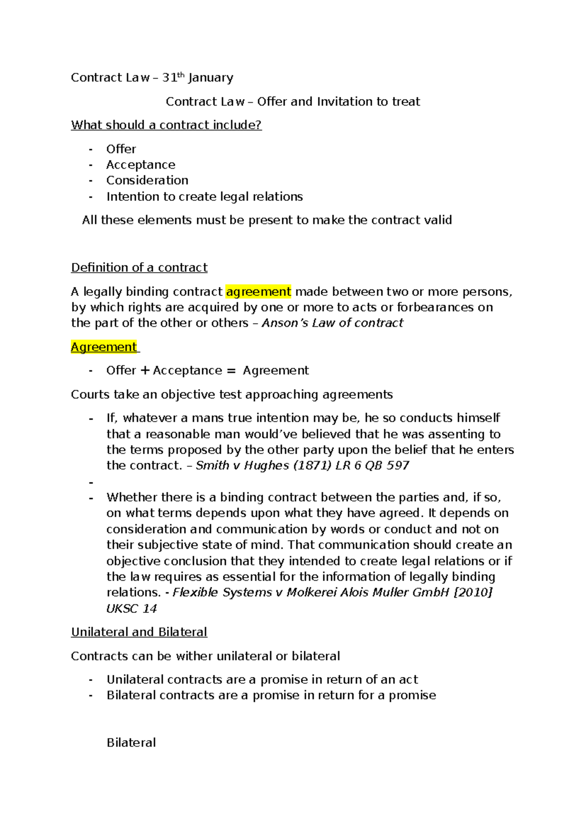Contract Law Overview - Key Elements & Types (31/Jan) - Studocu