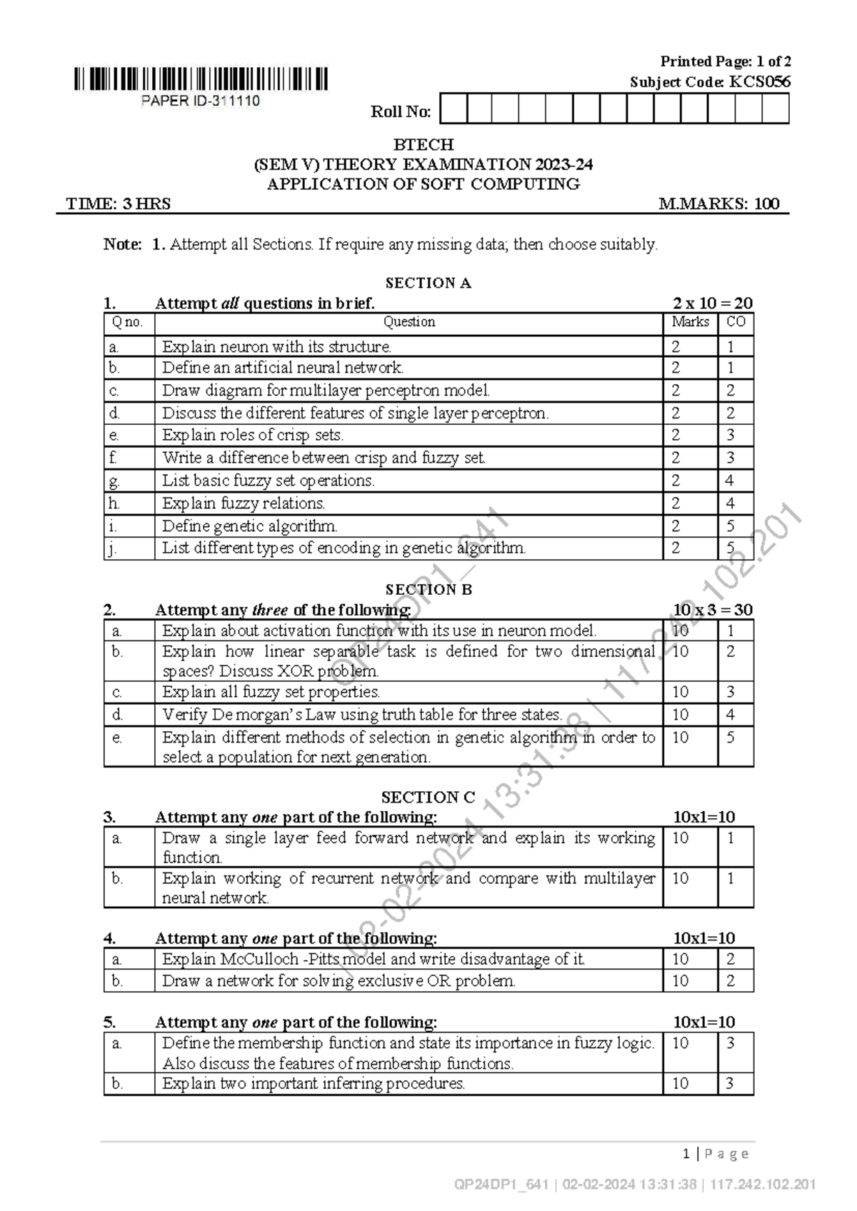 2023 KCS056 BTECH V Sem Theory Exam: Application of Soft Computing ...