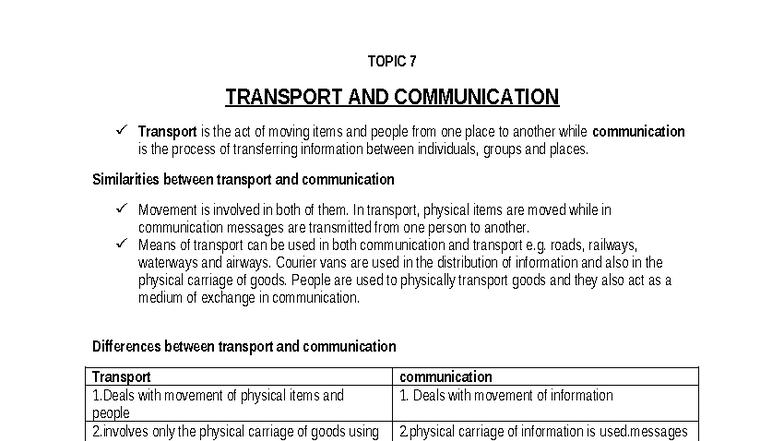 Topic 7: Transport and Communication Overview - Studocu