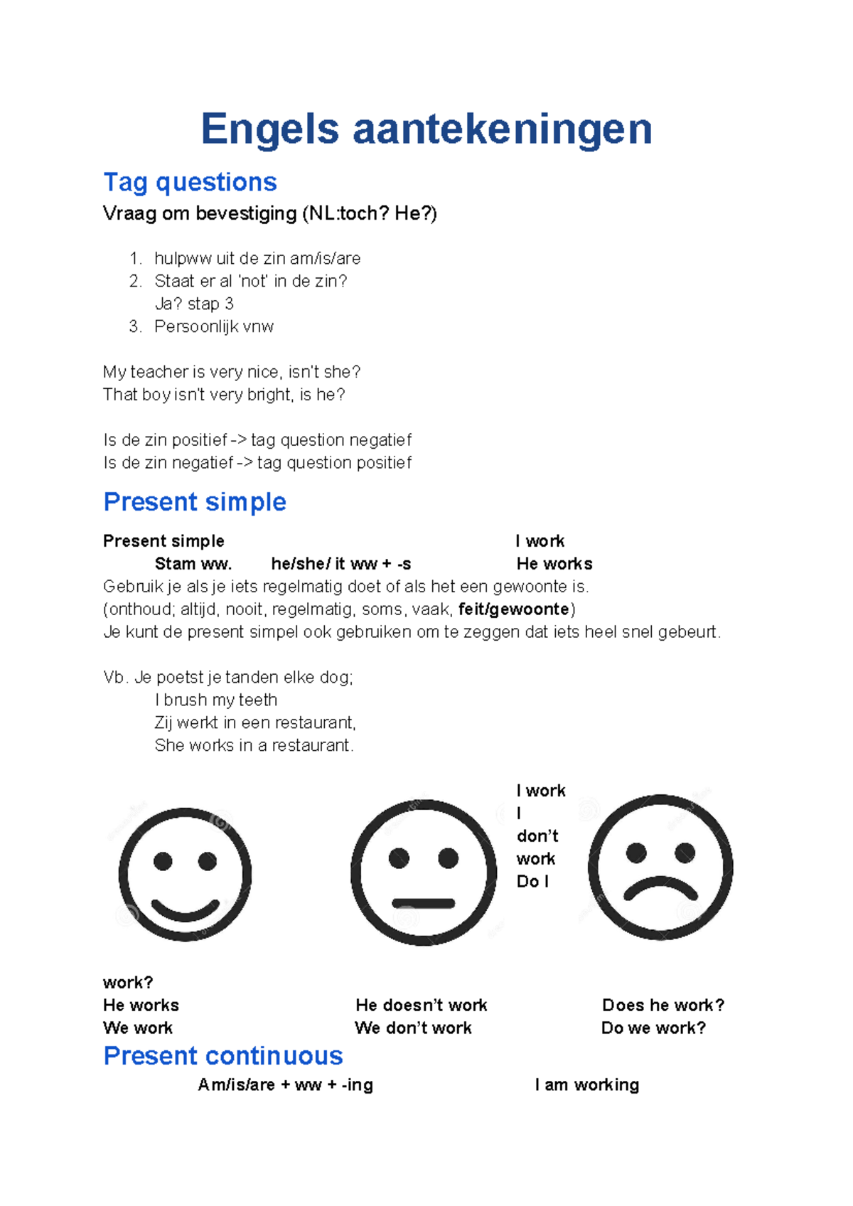 Engels Aantekeningen: Tag Questions, Present Simple & Continuous ...