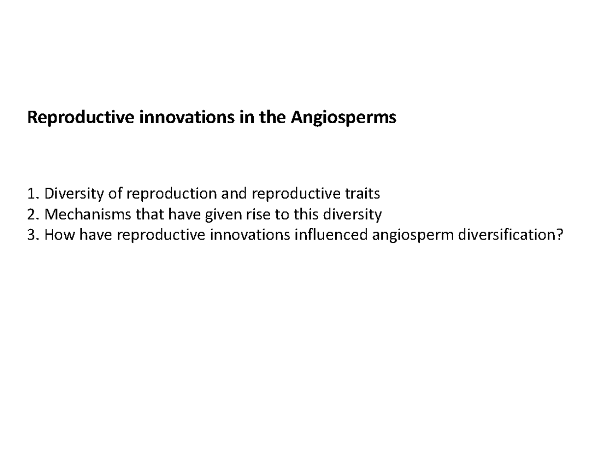 Lecture 1 pdf - BDE NOTES - Reproductive innovations in the Angiosperms ...