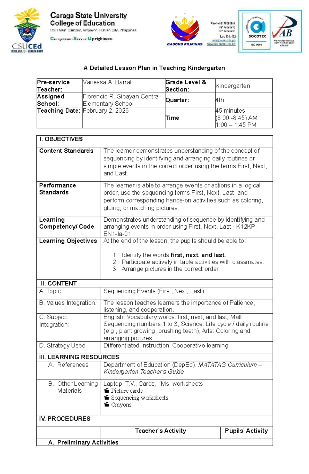 Final DLP Kinder Lesson Plan: Sequencing Events - Studocu