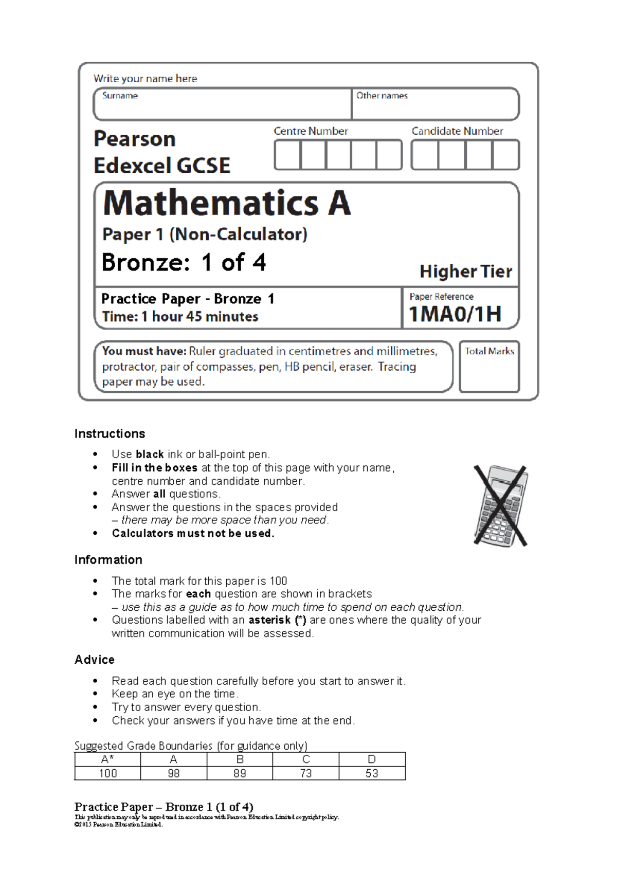 GCSE Maths 1MA0 Practice Paper Bronze 1 (1 of 4) Instructions & Mark ...
