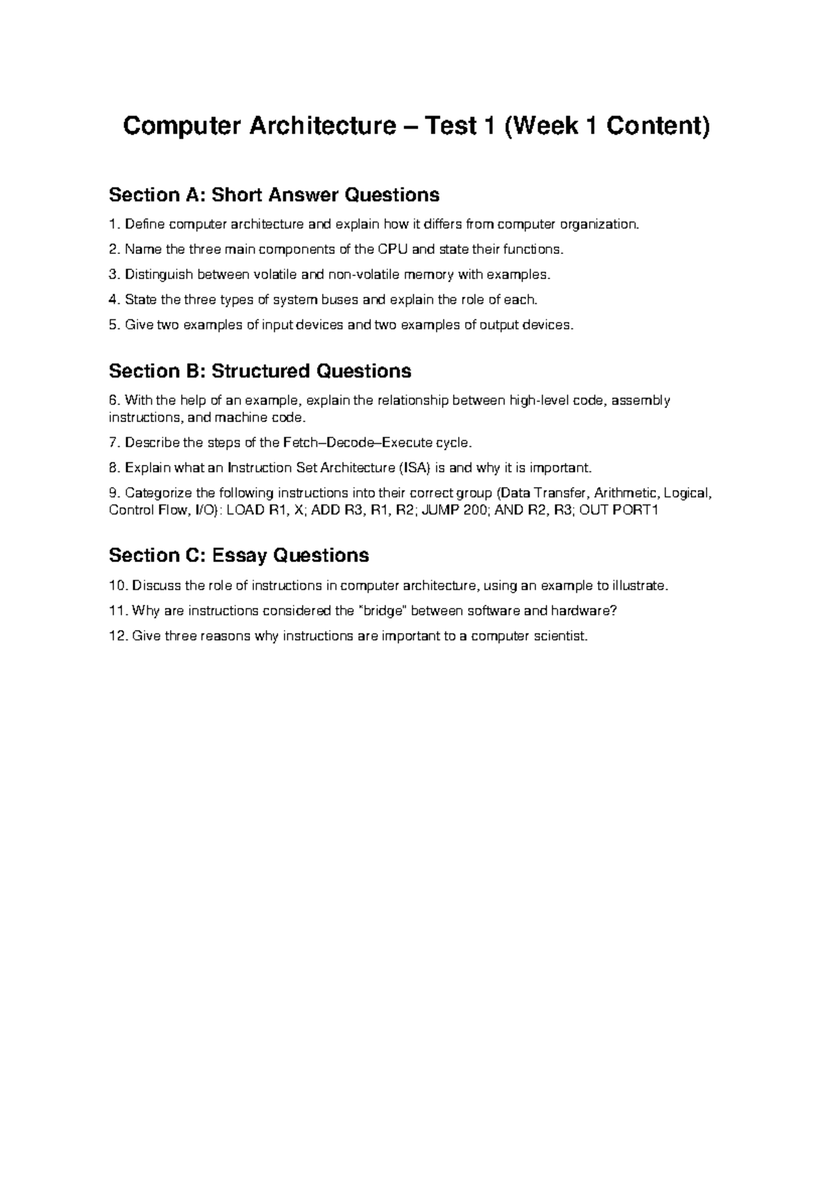 Computer Architecture Test 1: Short Answer & Essay Questions - Studocu