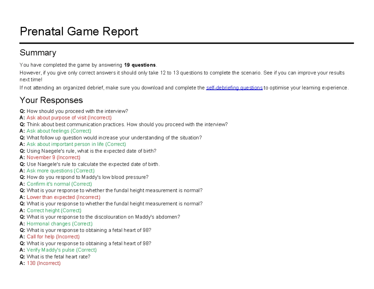 Postpartum Game Report Summary: Assessment Insights and Learning - Studocu