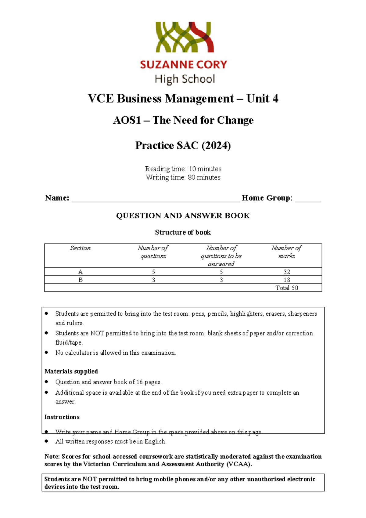 VCE Business Management Unit 4 - Practice SAC 2024 Guide - Studocu