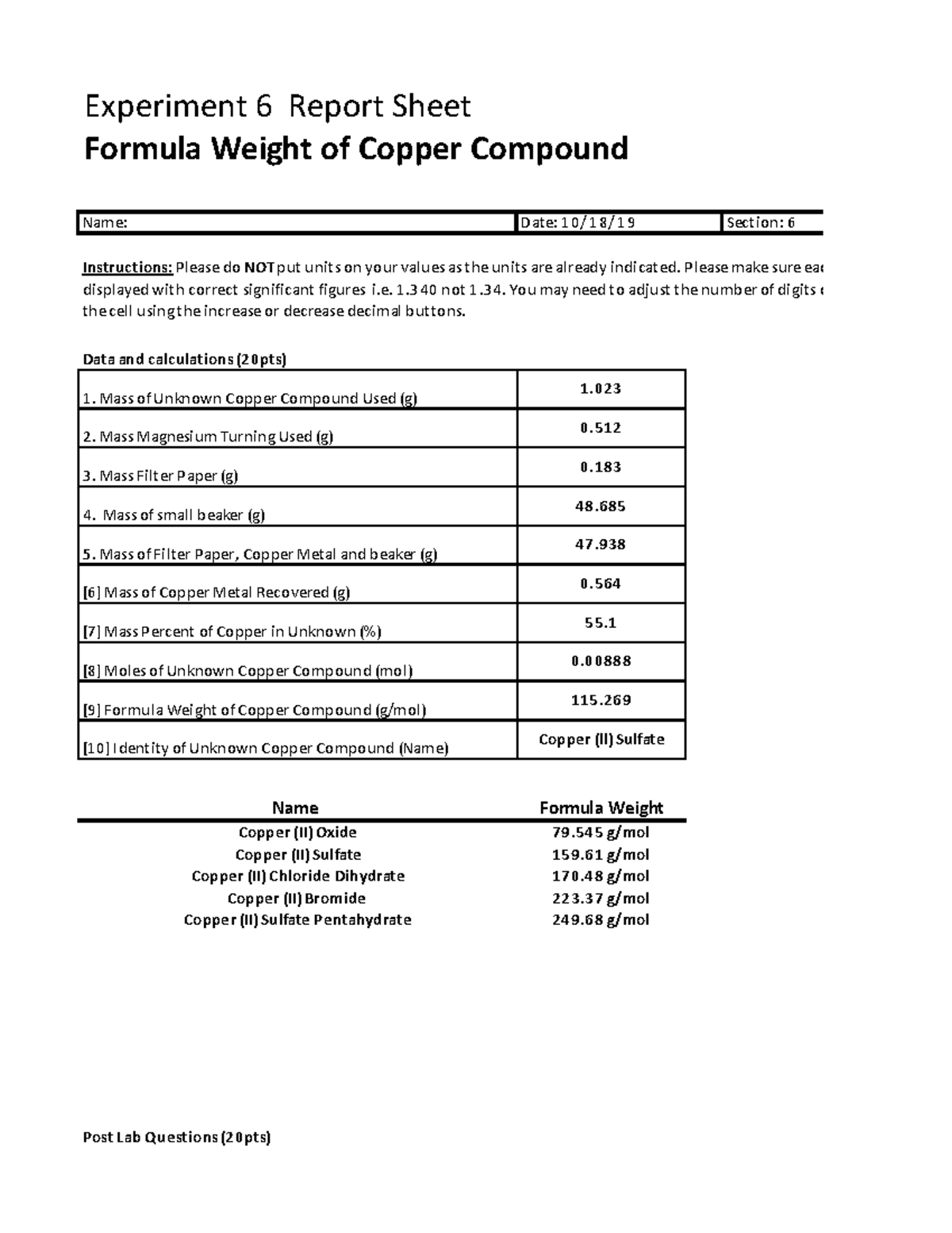 Lab 6 Report: Formula Weight of Copper Compounds (Chem 22) - Studocu