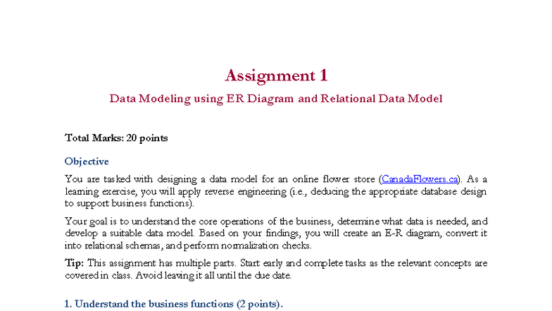 Assignment 1 F25: Data Modeling for CanadaFlowers.ca Using ER Diagrams ...