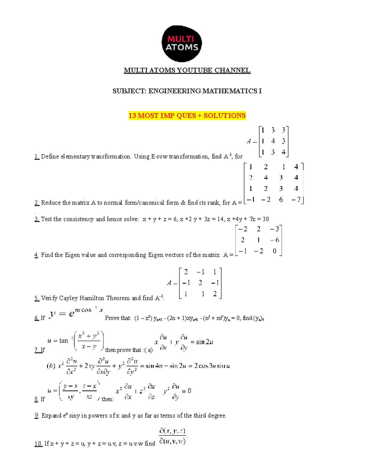 Engineering Mathematics I - Important Questions & Solutions (KAS) - Studocu