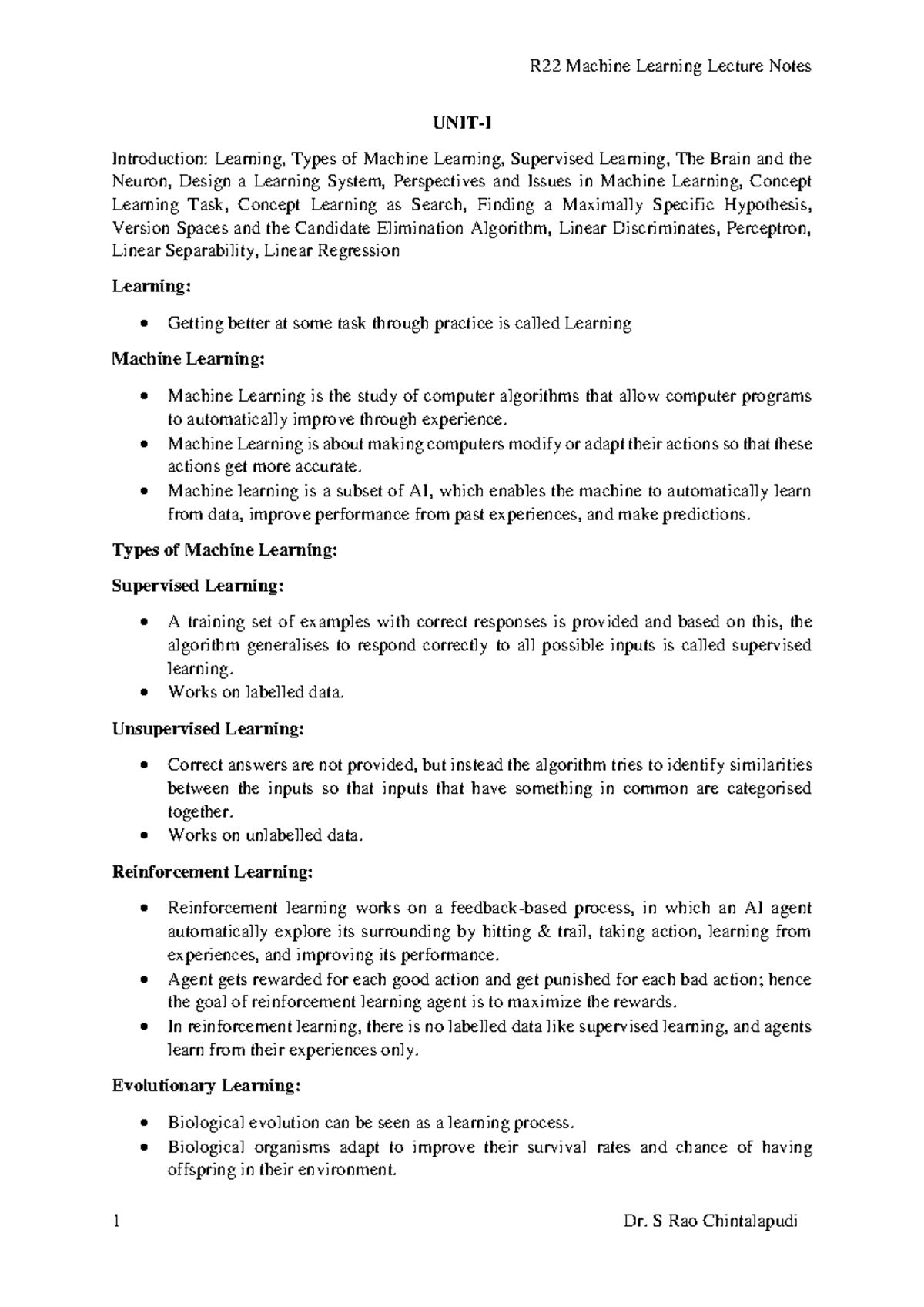Unit 1: Introduction to Machine Learning Concepts and Types - Studocu