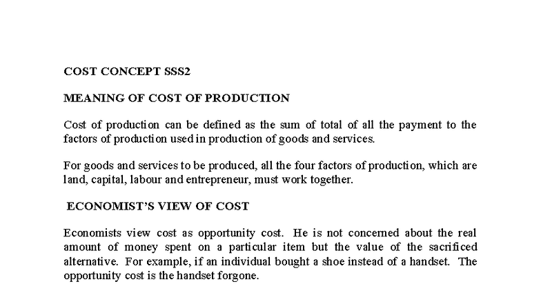 COST CONCEPTS: MEANING & TYPES OF PRODUCTION COSTS - FINAL EXAM - Studocu