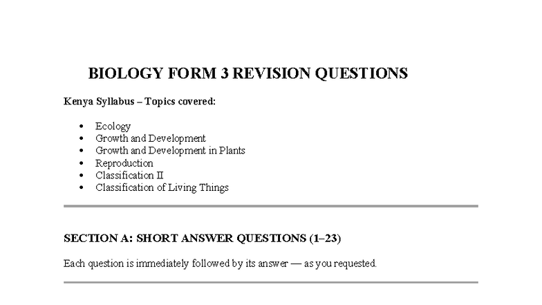 BIOLOGY FORM 3 REVISION QUESTIONS - KENYA SYLLABUS - Studocu