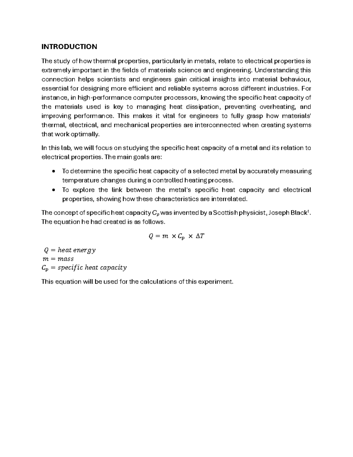 Final Lab Report: Specific Heat Capacity & Electrical Properties (ENG ...