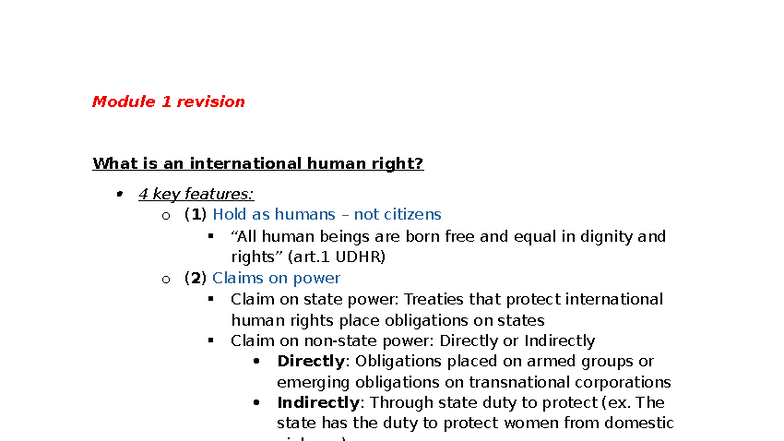 Module 1 & 2 Revision - Key Features of International Human Rights ...