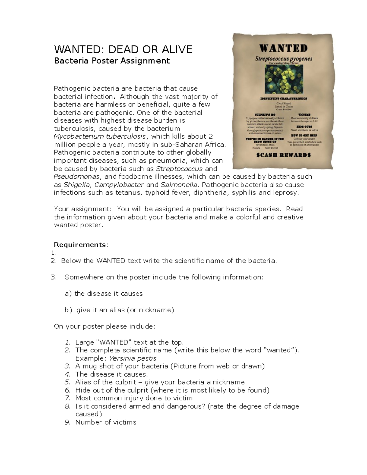 Pathogenic Bacteria Wanted Poster Assignment Guidelines - Studocu