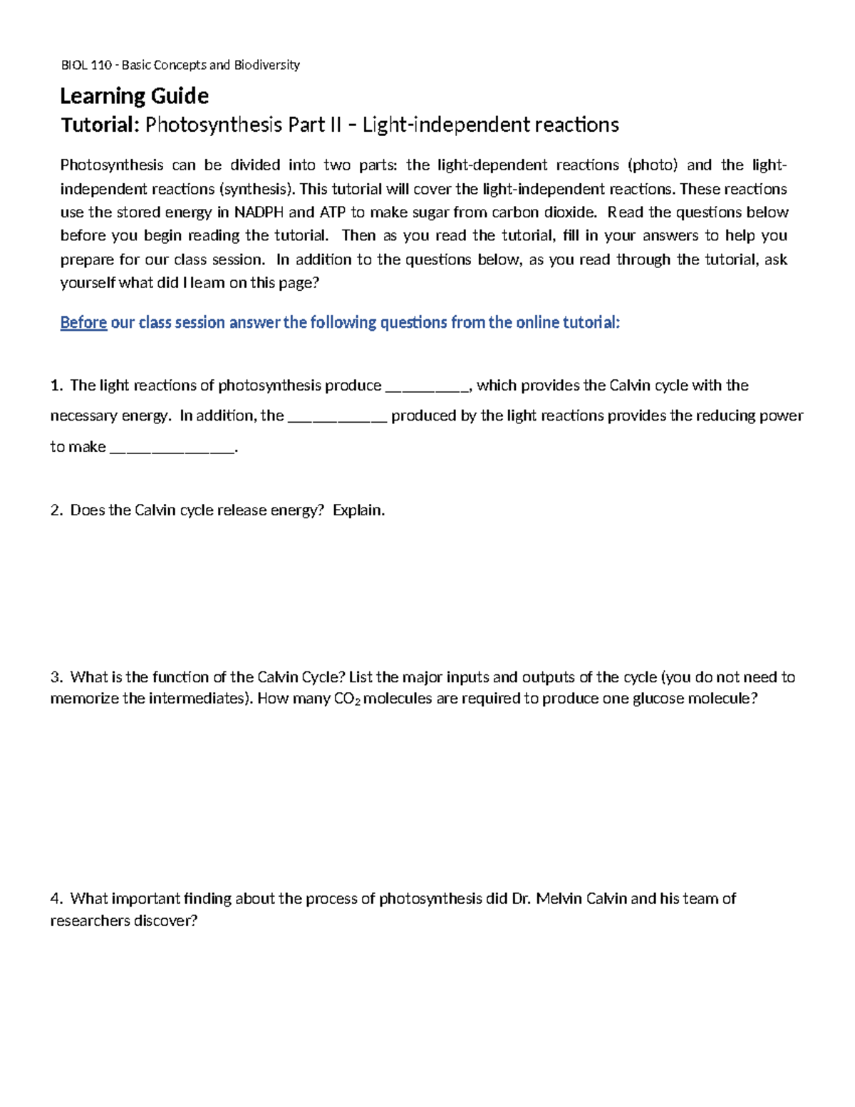 BIOL110 Learning Guide for Tutorial 23 - Photosynthesis Part II - BIOL ...