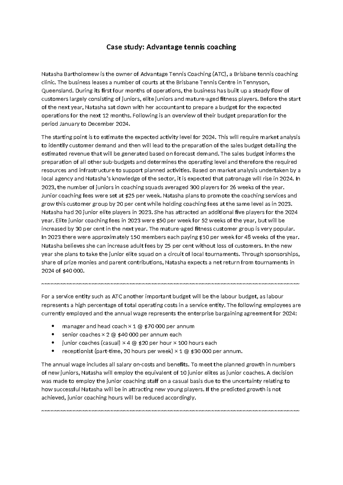 Case Study: Advantage Tennis Coaching Budget Plan 2024 - Studocu