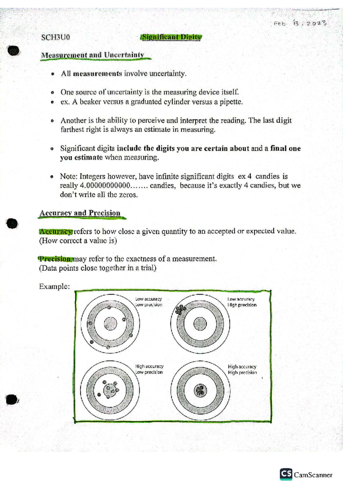 SCH3U0 Lecture Notes: Significant Digits, Accuracy & Precision - Studocu