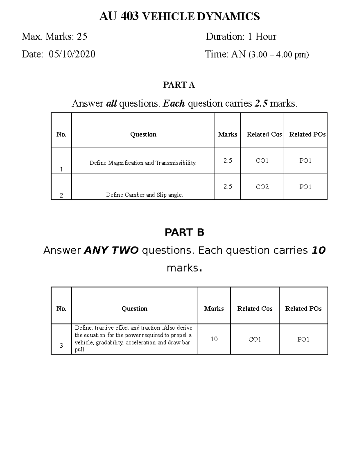 AU 403 Vehicle Dynamics Final Exam Question Paper - Studocu