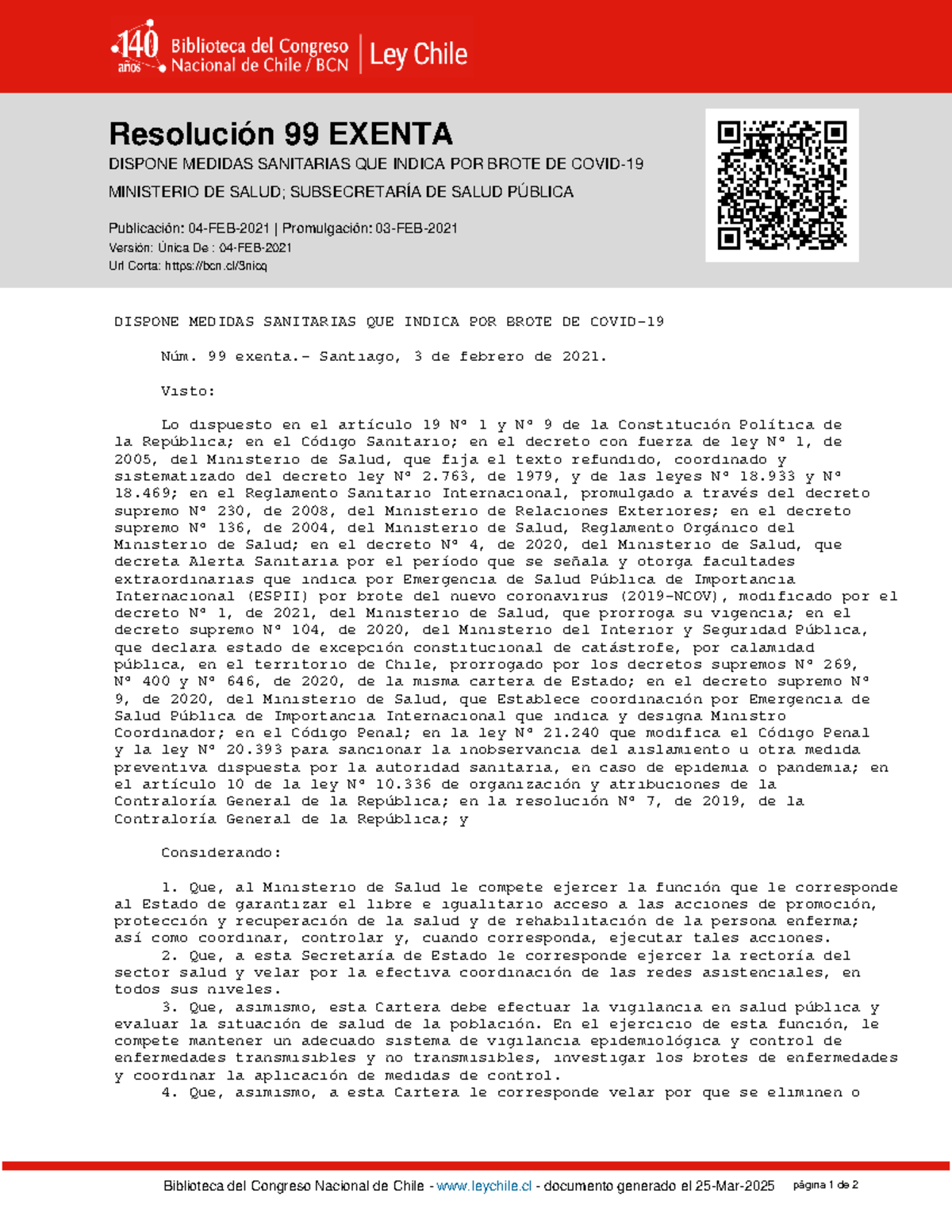 Resolucion-99- Exenta 04-FEB-2021 - Resolución 99 EXENTA, SALUD (2021) Biblioteca del Congreso ...