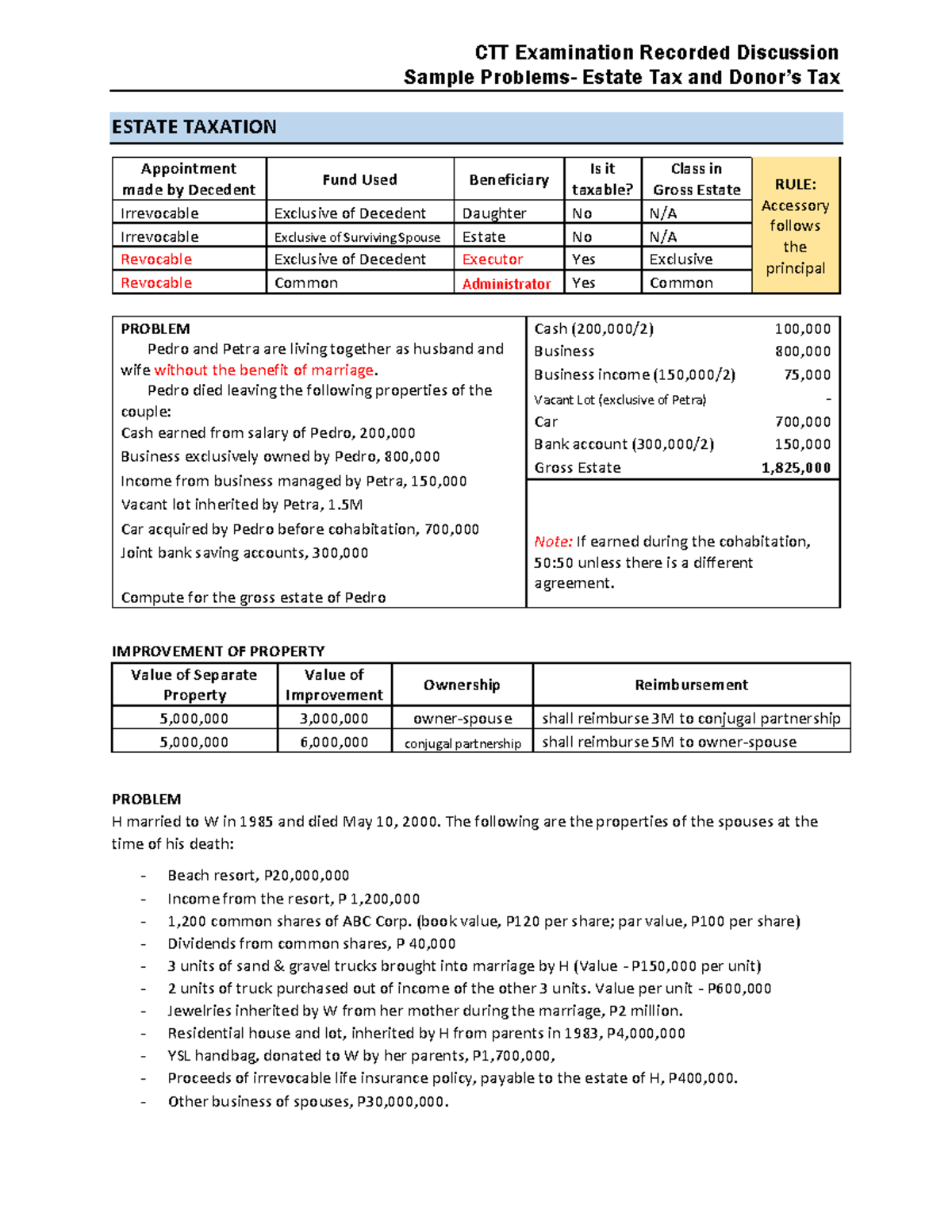 Estate & Donor's Tax Sample Problems - CTT Recorded Lecture Notes - Studocu