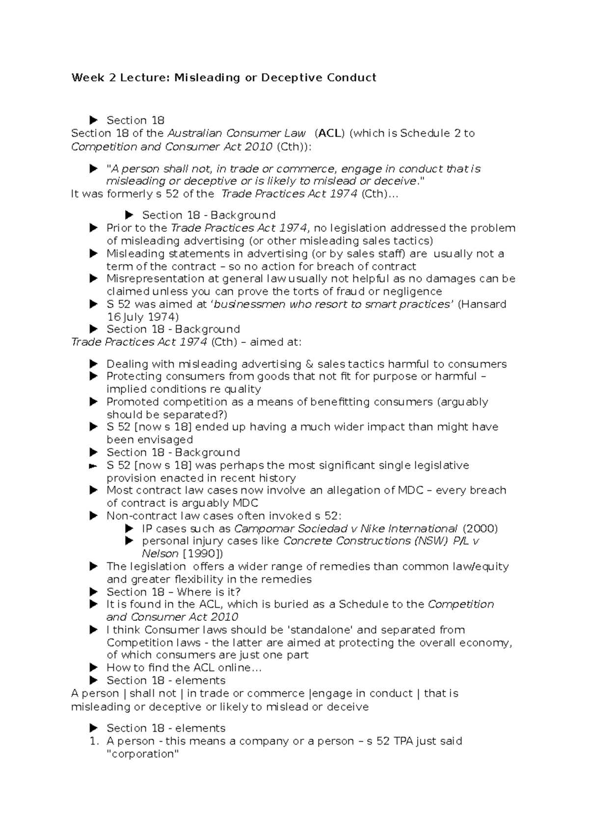 LAW204: Contracts B - Week 2 Lecture Notes on Misleading Conduct - Studocu
