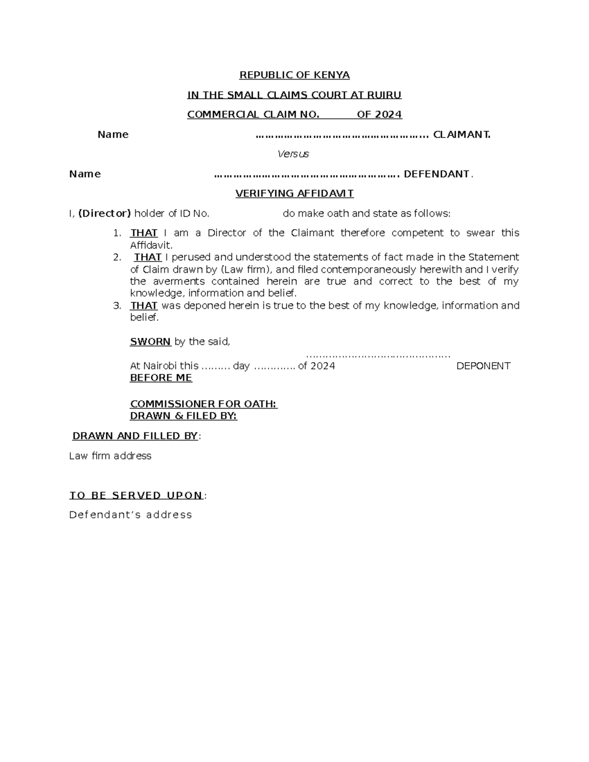 Affidavit Draft for Small Claims Court Verification - Commercial Claim ...