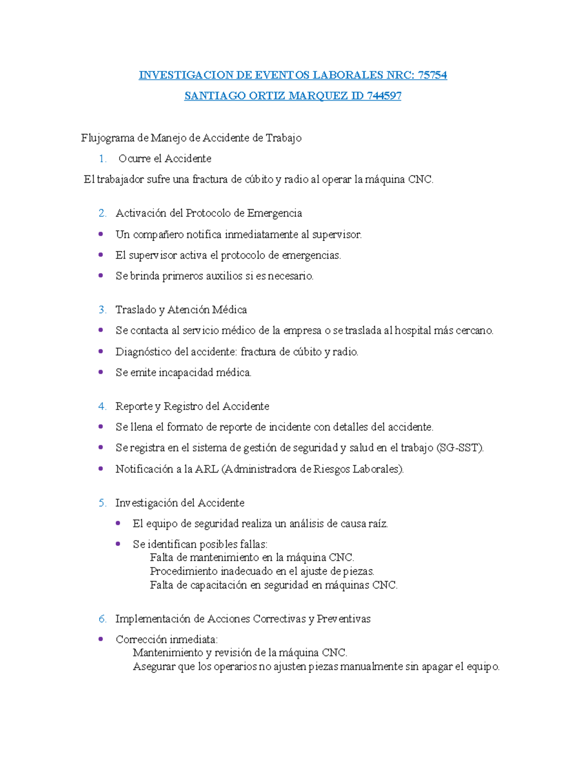 Investigacion - INVESTIGACION DE EVENTOS LABORALES NRC: 75754 SANTIAGO ...
