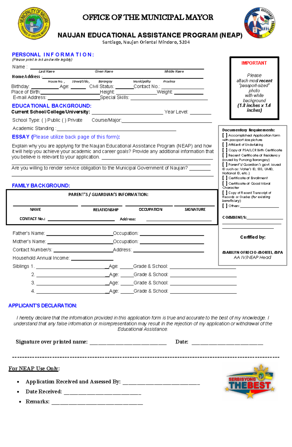 NEAP Application Form for Naujan Educational Assistance Program - Studocu